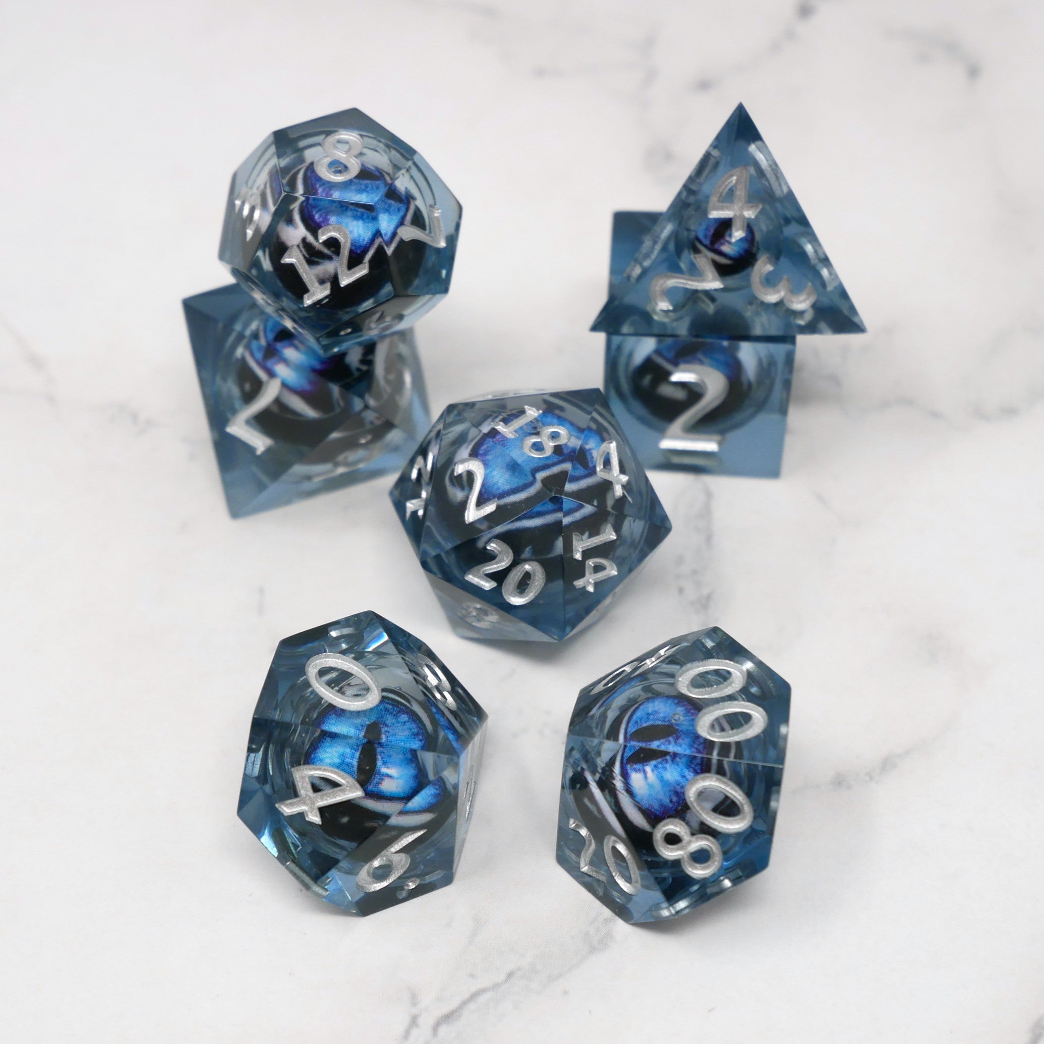 Blue Slaadi's Eye - 7 Piece Moving Eye DnD Dice Set | Acrylic RPG Gami